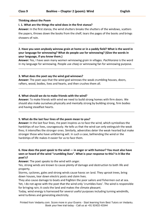 NCERT Solutions for Class 9 English Beehive Chapter 2 - Wind (Poem)