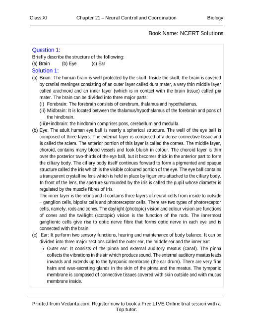 NCERT Books Free Download for Class 11 Biology Chapter 21 - Neural ...