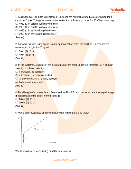 KCET 2016 Previous Year Question Paper for Physics - Free PDF Download