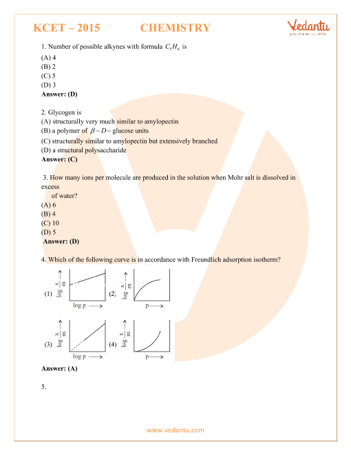 KCET 2015 Previous Year Question Paper for Chemistry - Free PDF Download
