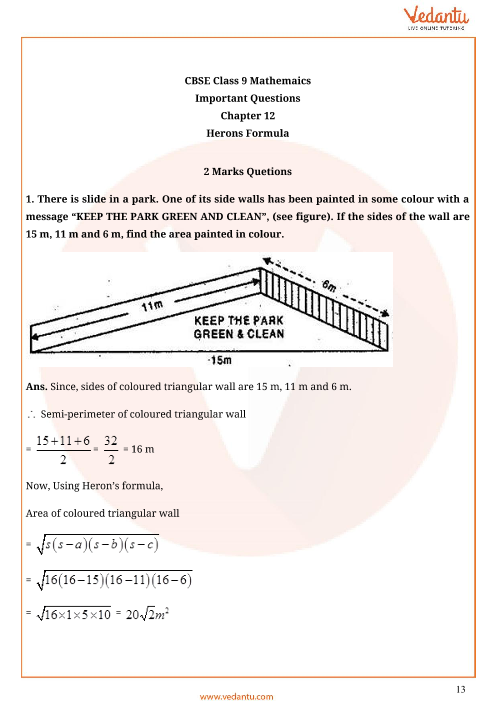 class 9 maths herons formula questions