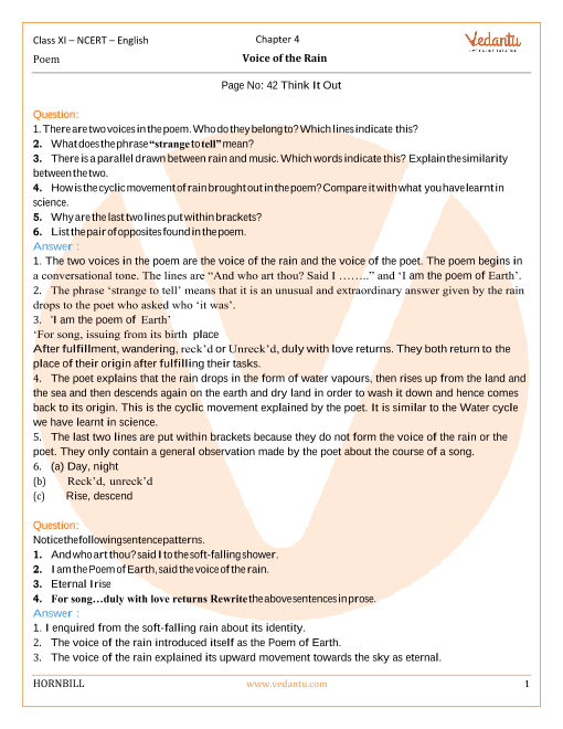 NCERT Solutions For Class 11 English Hornbill Chapter 4 Poem The NCERT Solutions For Class 11 English Hornbill Chapter 4 Poem The