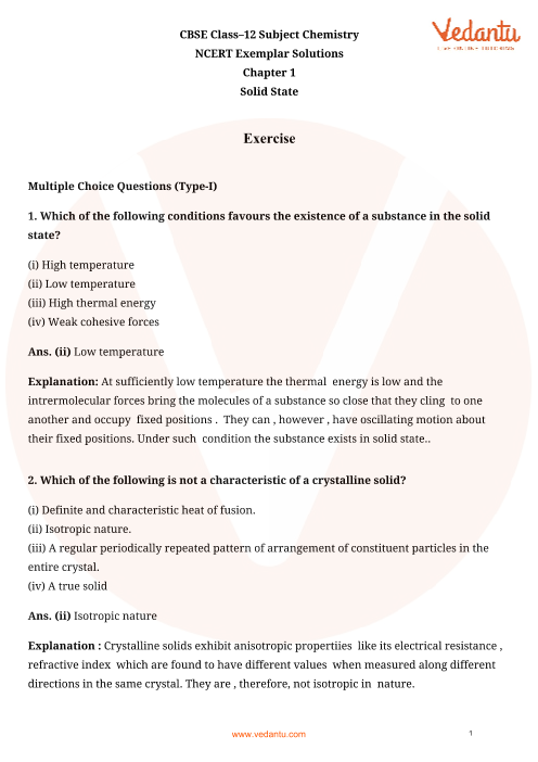 NCERT Exemplar for Class 12 Chemistry Chapter 1 - The Solid State (Book ...