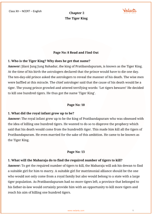 NCERT Solutions for Class 12 English Vistas Chapter 2 - The Tiger King