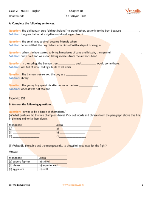 NCERT Solutions For Class 6 English Honeysuckle Chapter 10 The Banyan