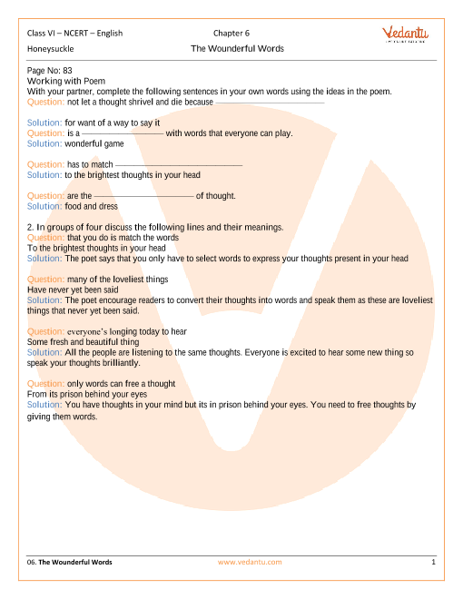 NCERT Solutions For Class 6 English Honeysuckle The Wonderful Words