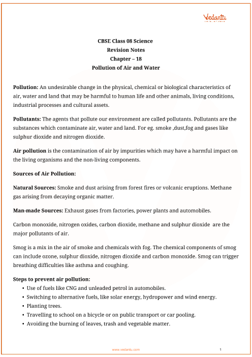 CBSE Class 8 Science Chapter 18 - Pollution of Air and Water Revision Notes