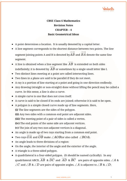 CBSE Class 6 Maths Chapter 4 - Basic Geometrical Ideas Revision Notes