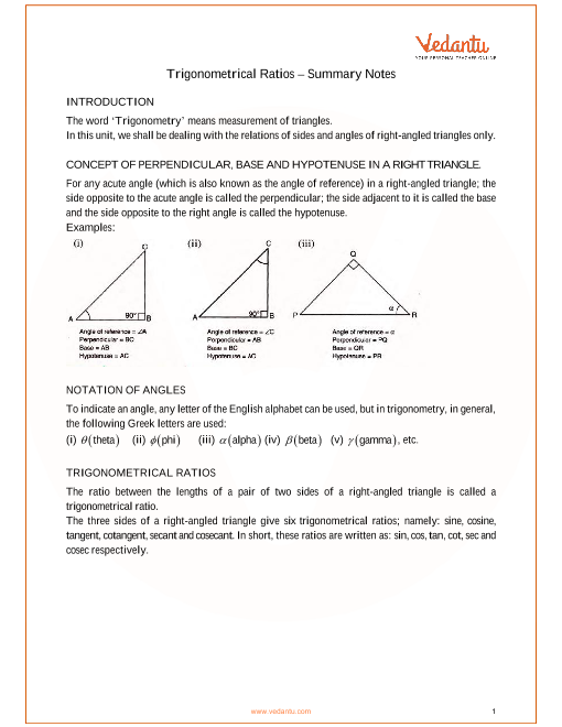 ICSE Class 9 Mathematics Chapter 22 - Trigonometrical Ratios Revision Notes
