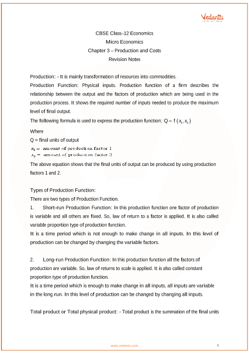 Cbse Class 12 Micro Economics Chapter 3 Production And Costs Revision