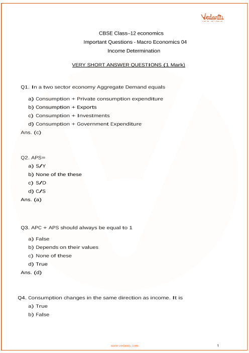 Important Questions for CBSE Class 12 Macro Economics Chapter 4 ...