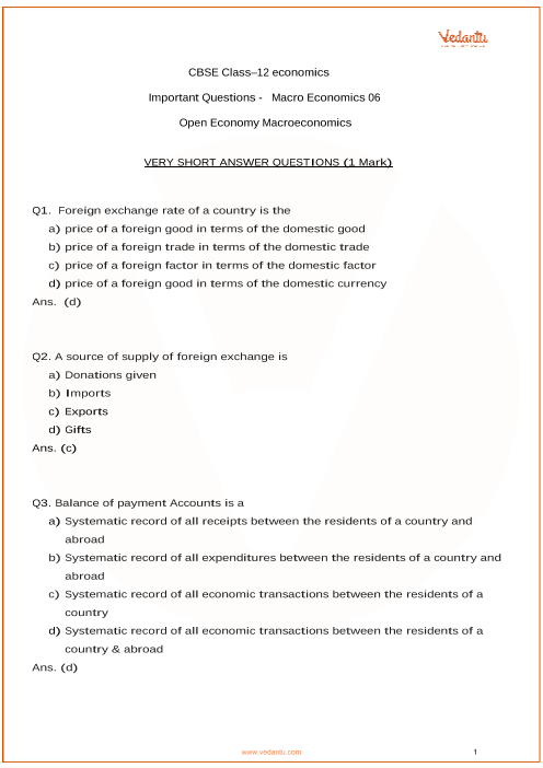 Important Questions for CBSE Class 12 Macro Economics Chapter 6 - Open ...