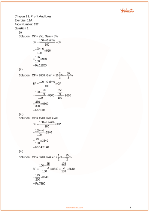 RS Aggarwal Class 7 Solutions Chapter-11 Profit and Loss