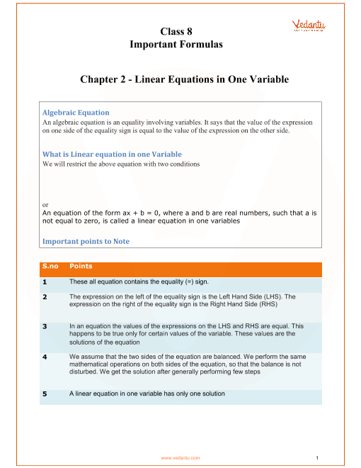 CBSE Class 8 Maths Chapter 2 Linear Equations In One Variable Formulas