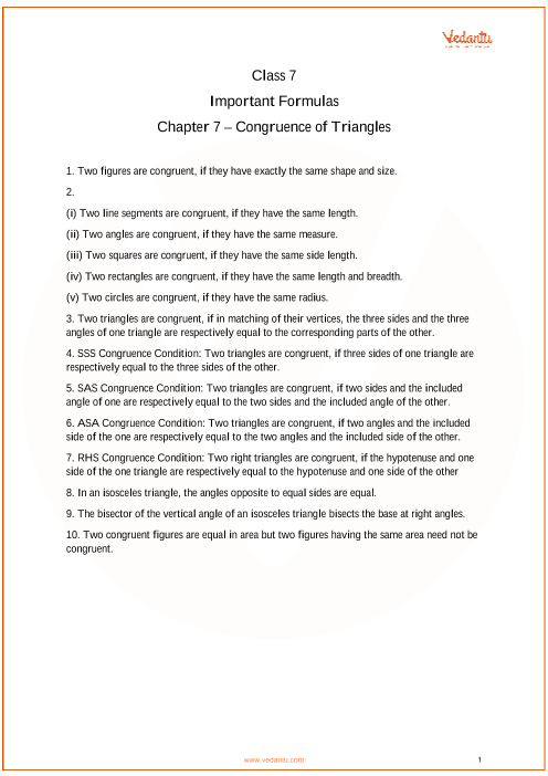 CBSE Class 7 Maths Chapter 7 - Congruence of Triangles Formulas
