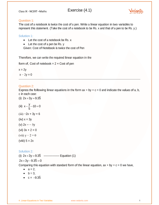 NCERT Solutions For Class 9 Maths Chapter 4 Exercise 4 1 Linear
