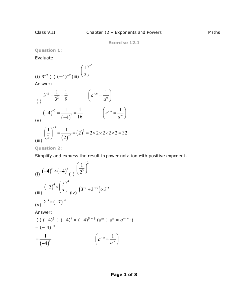 NCERT Solutions For Class 8 Maths Chapter 12 Exponents And Powers EX NCERT Solutions For Class 8 Maths Chapter 12 Exponents And Powers EX