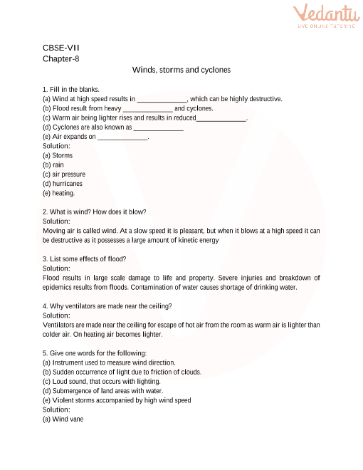 CBSE Class 7 Science Winds, storms and cyclones Worksheets with Answers ...