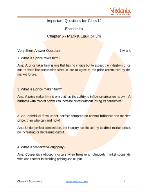 Important Questions for CBSE Class 12 Micro Economics Chapter 5 ...