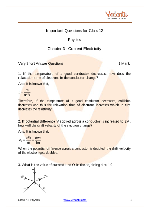 Find Important Questions for Class 12 Physics Chapter 3 - Current Electricity