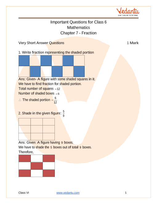 Important Questions for CBSE Class 6 Maths Chapter 7 - Fractions