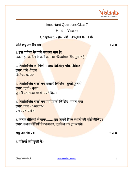 Important Questions For CBSE Class 7 Hindi Vasant Chapter 1 Hum Important Questions For CBSE Class 7 Hindi Vasant Chapter 1 Hum
