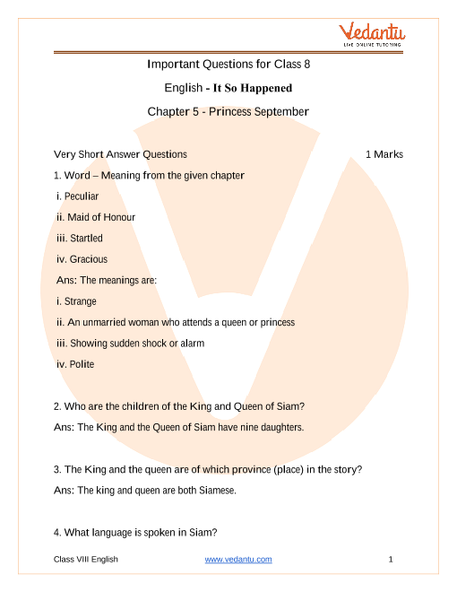 Important Questions for CBSE Class 8 English It So Happened Chapter 5 ...