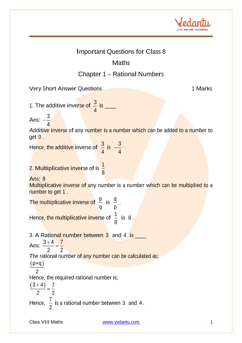 Download CBSE Class 8 Maths Chapter 1 Rational Numbers Important Download CBSE Class 8 Maths Chapter 1 Rational Numbers Important