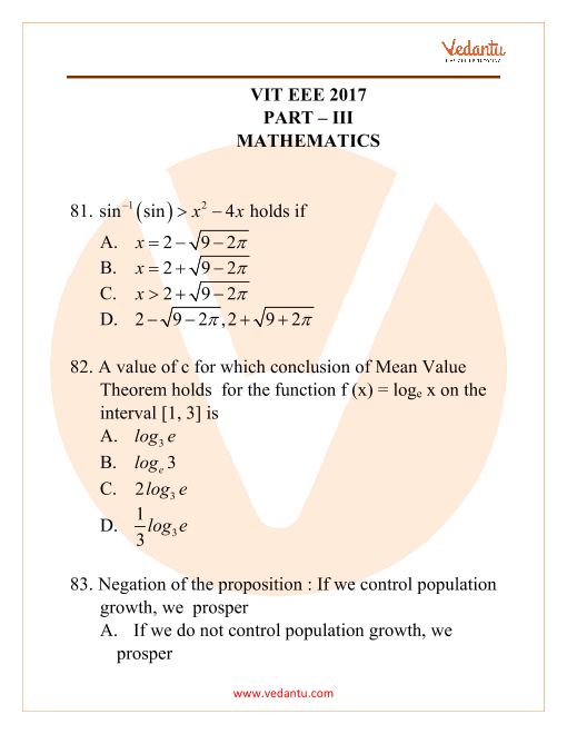 VITEEE Maths Question Paper 2017 PDF Download