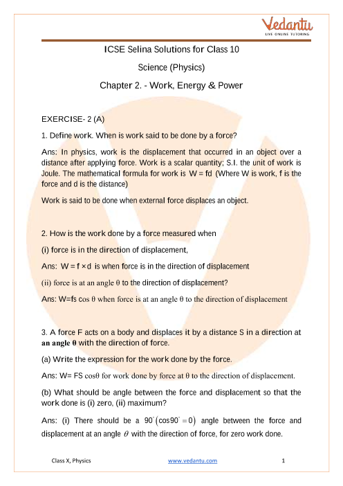 Work, Energy and Power Solutions for ICSE Board Class 10 Physics ...