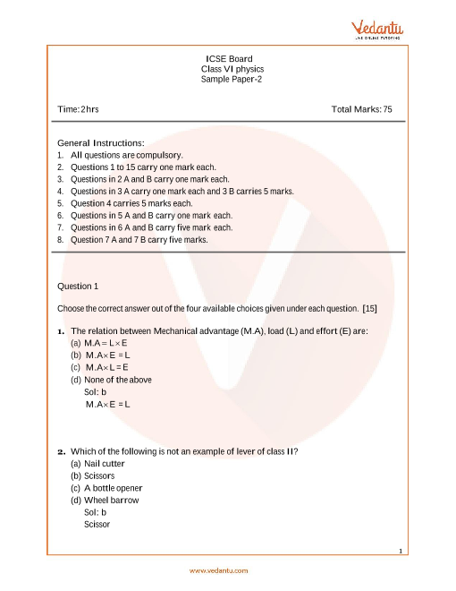 ICSE Sample Papers For Class 6 Physics Paper 2 2022 2022 ICSE Sample Papers For Class 6 Physics Paper 2 2022 2022