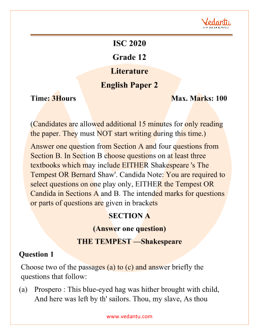 ISC Class 12 English Literature Question Paper 2020 ISC Class 12 English Literature Question Paper 2020
