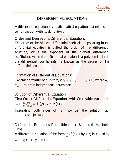 Revision Notes on JEE Main Differential Equations| Free PDF Download Revision Notes on JEE Main Differential Equations| Free PDF Download