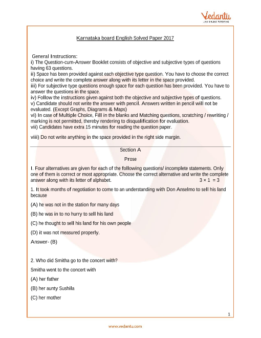 Karnataka SSLC Board KSEEB Question Paper For Class 10 English 2017 Karnataka SSLC Board KSEEB Question Paper For Class 10 English 2017