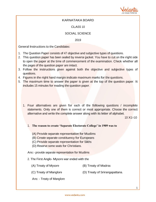 Karnataka SSLC Board KSEEB Question Paper For Class 10 Social Science Karnataka SSLC Board KSEEB Question Paper For Class 10 Social Science