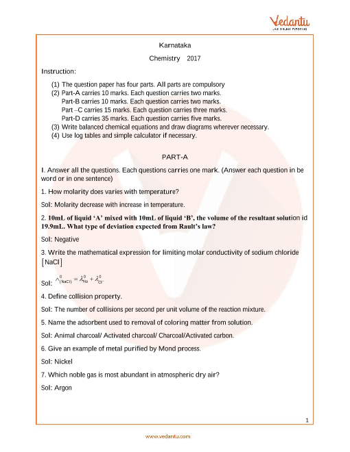 Karnataka PUC Board KSEEB Chemistry Class 12 Question Paper 2017