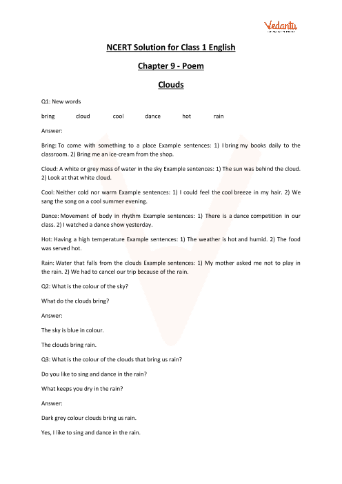 NCERT Solutions for Class 1 English Marigold Chapter 9 Poem Clouds ...