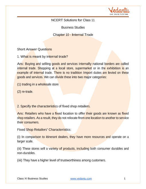 NCERT Solutions for Class 11 Business Studies - Chapter 10 - Internal Trade