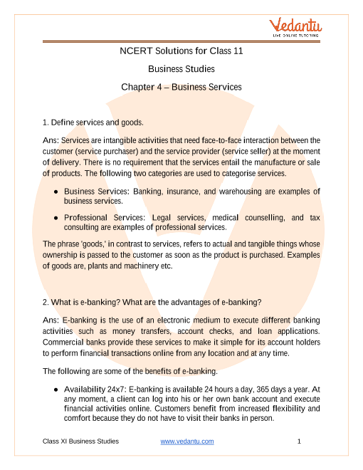 NCERT Solutions of Business Studies - Business Services (Chapter 4) for ...
