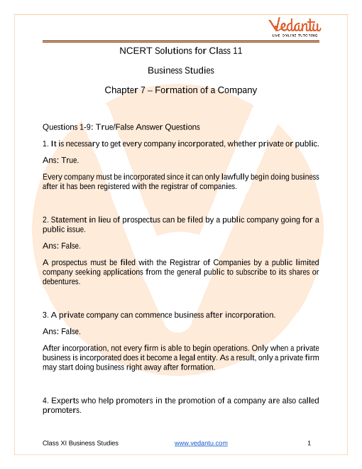 NCERT Solutions for Class 11 Business Studies - Chapter 7 - Formation ...