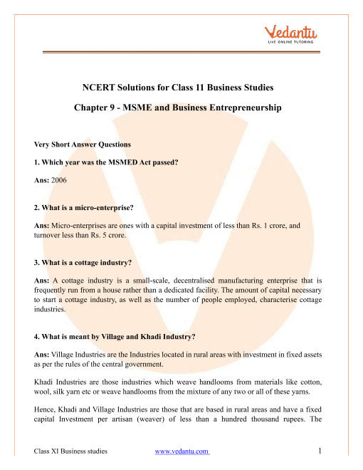 NCERT Solutions for Class 11 Business Studies - Chapter 9 - Small Business