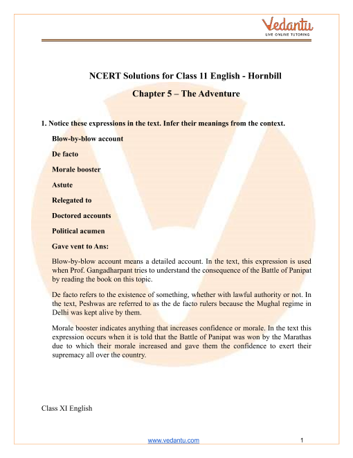 NCERT Solutions For Class 11 English Hornbill Chapter 7 The Adventure NCERT Solutions For Class 11 English Hornbill Chapter 7 The Adventure