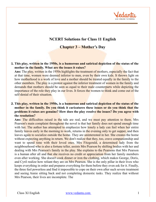 NCERT Solutions For Class 11 English Snapshots Chapter 5 Mother s Day NCERT Solutions For Class 11 English Snapshots Chapter 5 Mother s Day