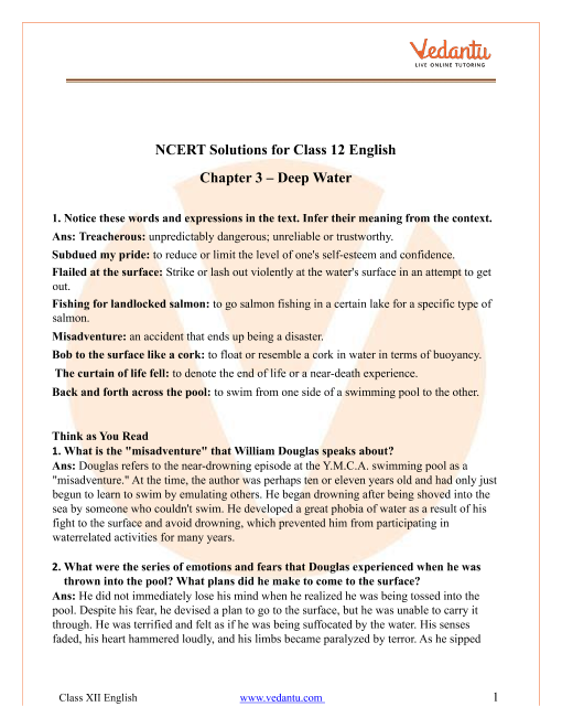 Class 12 English Flamingo Chapter 3 Deep Water NCERT Solutions Class 12 English Flamingo Chapter 3 Deep Water NCERT Solutions