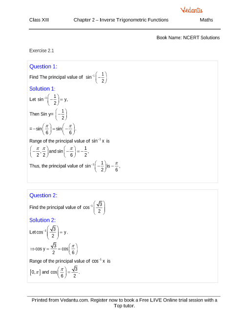 NCERT Solutions for Class 12 Maths Chapter 2 Inverse Trigonometric ...