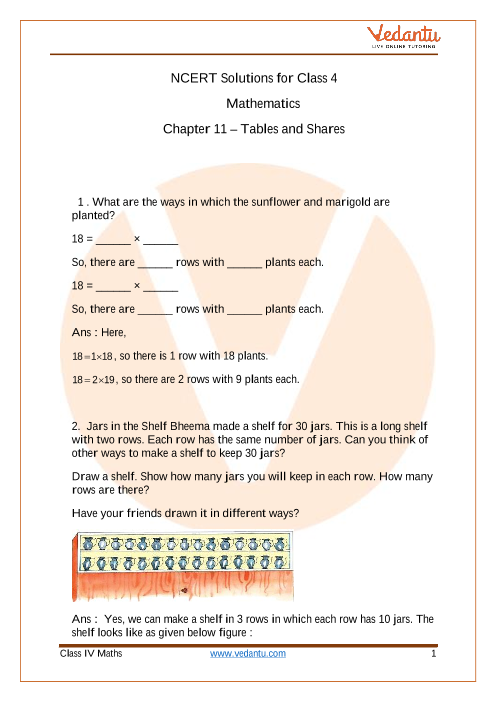 NCERT Solutions For Class 4 Maths Chapter 11 Tables And Shares FREE PDF NCERT Solutions For Class 4 Maths Chapter 11 Tables And Shares FREE PDF