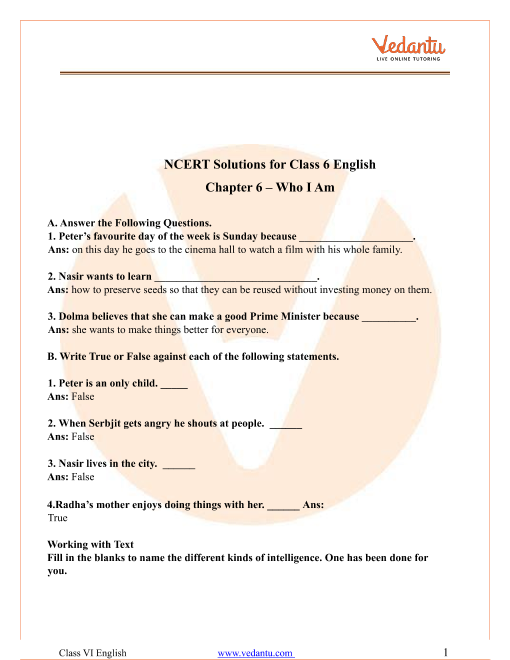 NCERT Solutions For Class 6 English Honeysuckle Chapter 6 Who I Am