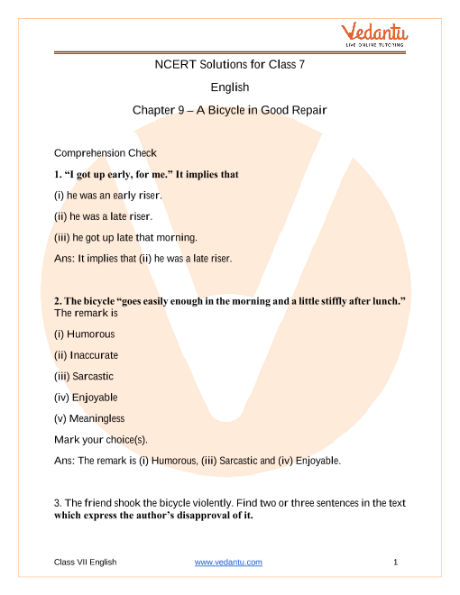 NCERT Solutions For Class 7 English Honeycomb Chapter 9 A Bicycle In