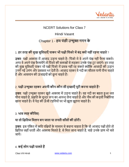 NCERT Solutions For Class 7 Hindi Vasant Chapter 1 Ham Panchhee