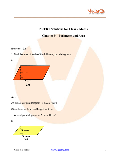NCERT Solutions For Class 7 Maths Chapter 11 Perimeter And Area Free PDF NCERT Solutions For Class 7 Maths Chapter 11 Perimeter And Area Free PDF
